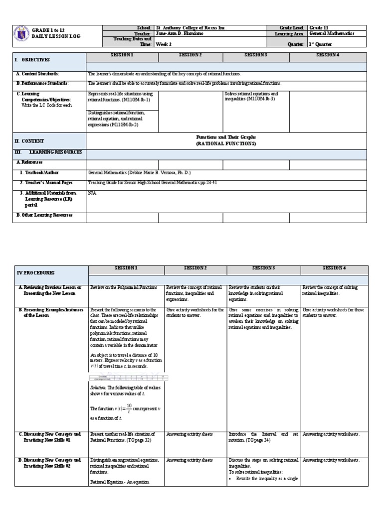 Grade 11 General Math Lesson Plan | PDF