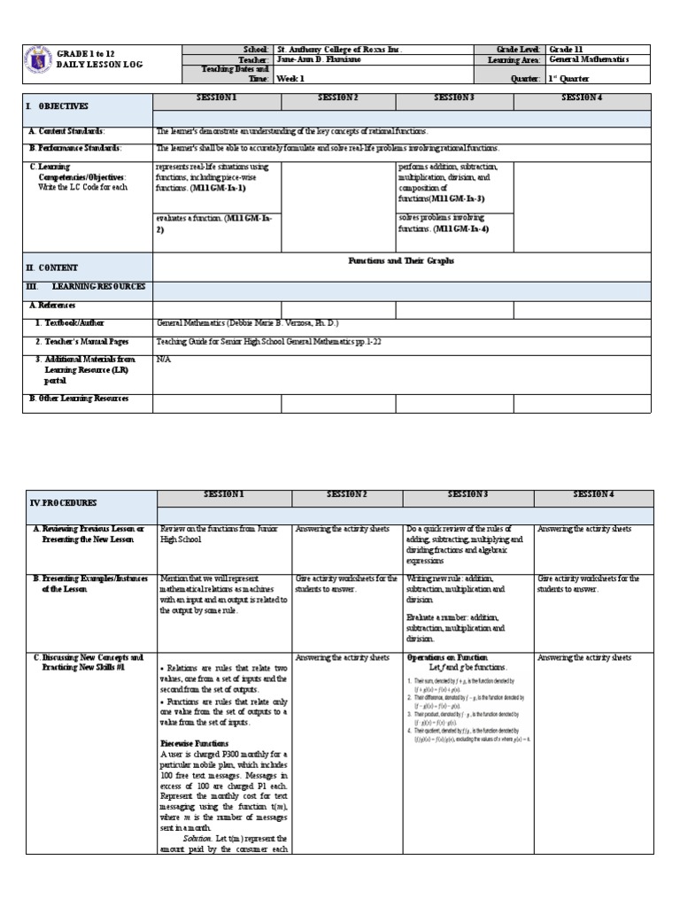 General Mathematics DLL Week1-6 | PDF