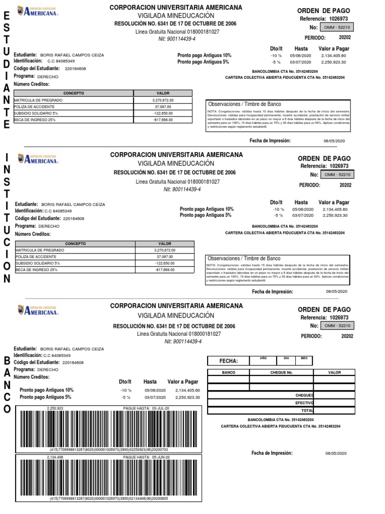 Recibo Matricula Universidad | PDF