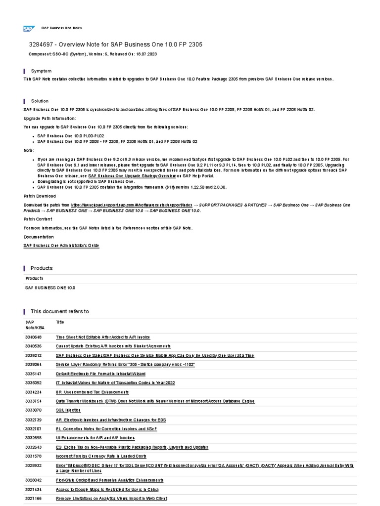 SAP B1 10.0 FP 2305 Upgrade Overview | PDF | Invoice | Microsoft Excel
