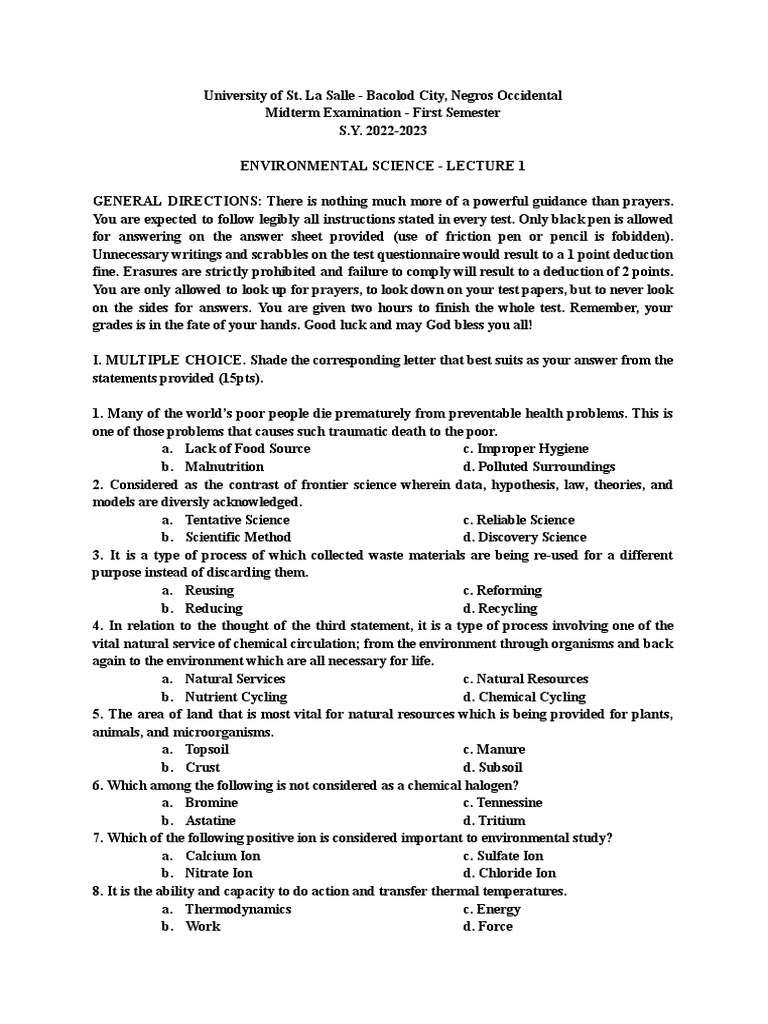 Environmental Science 1 Midterm Exam | PDF