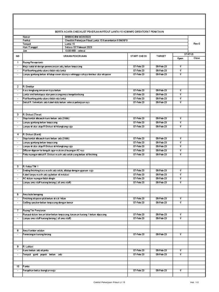 Checklist Pekerjaan Fitout Lantai 15 | PDF