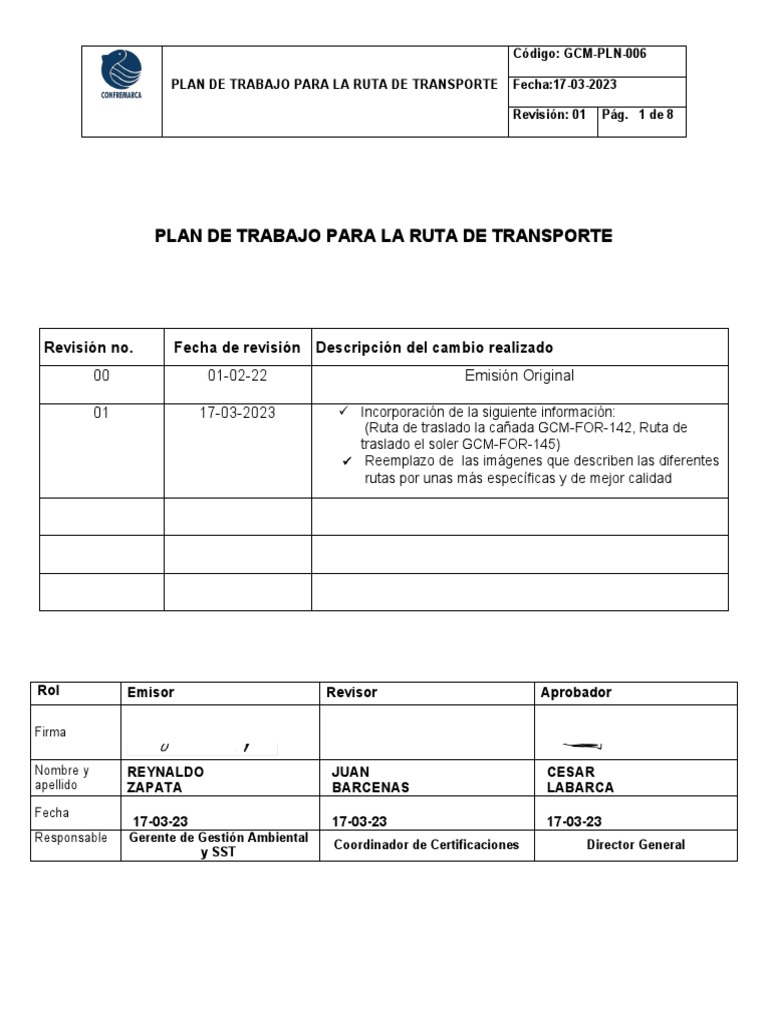GCM-PLN-006 Plan de Trabajo para Ruta de Transporte | PDF | Transporte | Logística