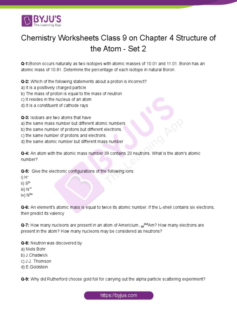 Chemistry-Worksheets-Class-9-on-Chapter-4-Structure-of-the-Atom-Set-2.docx-1 | PDF