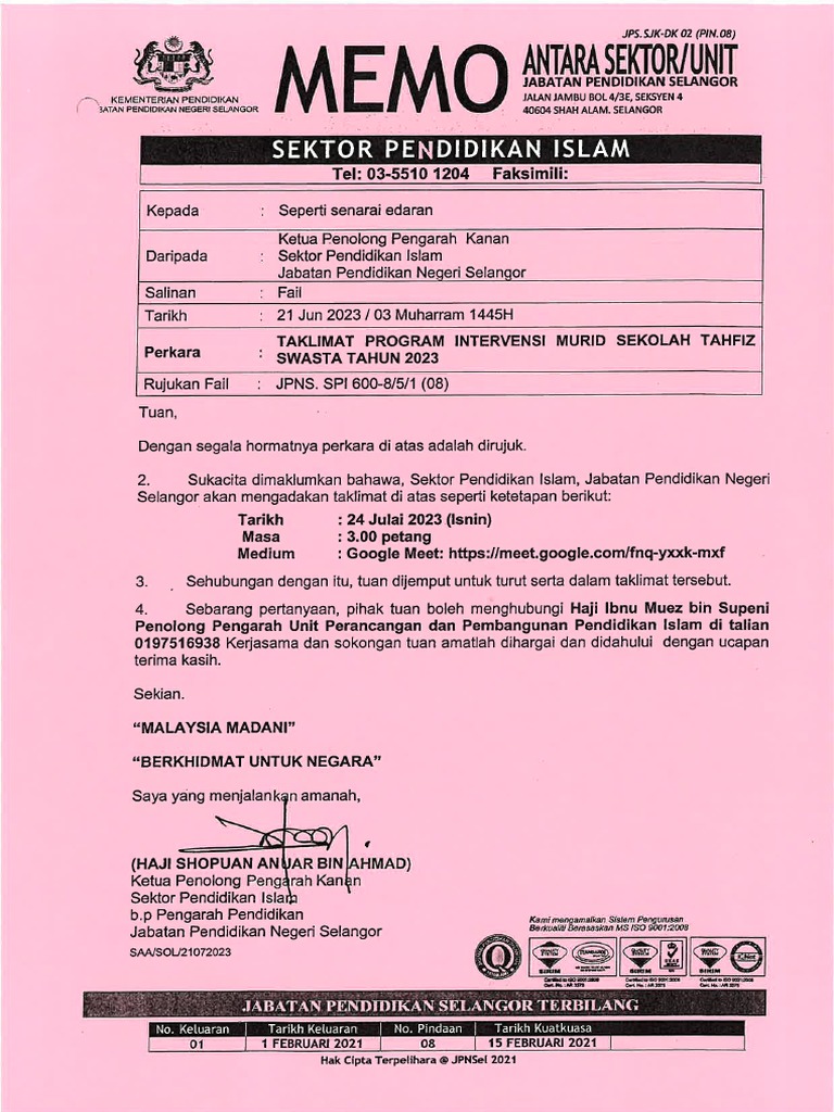 Taklimat Program Intervensi Murid Sekolah Tahfiz Swasta Tahun 2023 | PDF