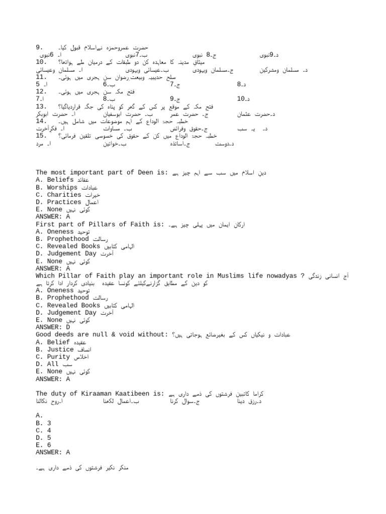 Z. Islamic Studies MCQs Extra | PDF