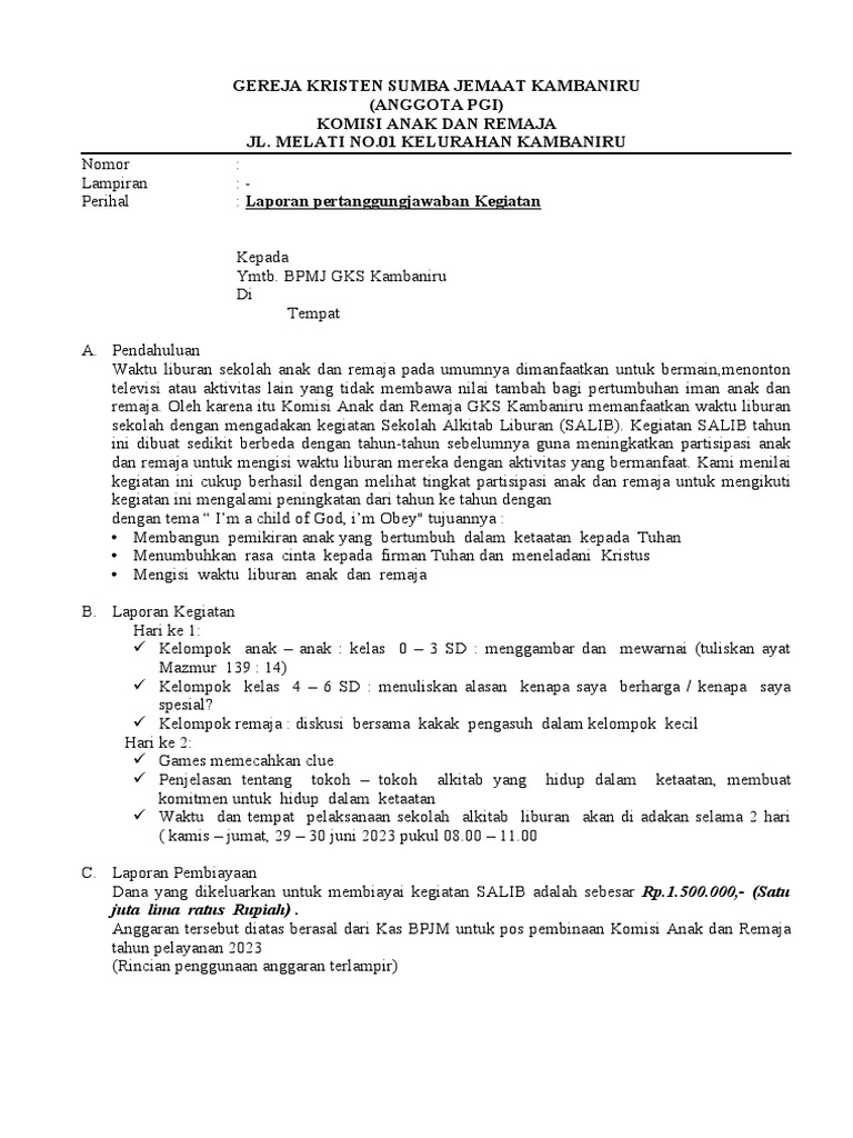 Skol Minggu Laporan | PDF