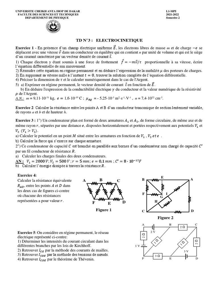 TD3 L1-MPI Electrocinetique 2021-2022 Enonce | PDF