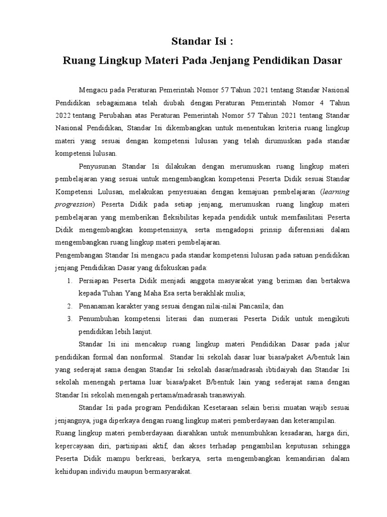 Lampiran 1 - Standar Isi Ruang Lingkup Materi | PDF
