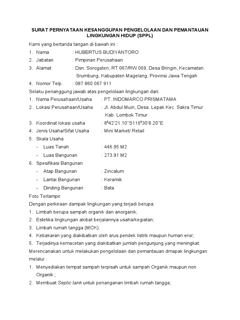 Surat Pernyataan Kesanggupan Pengelolaan Dan Pemantauan Lingkungan ...