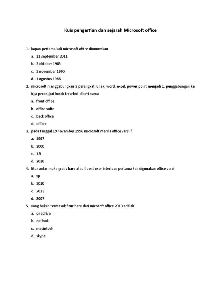 Kuis Pengertian Dan Sejarah Microsoft Office | PDF Kuis Pengertian Dan Sejarah Microsoft Office | PDF