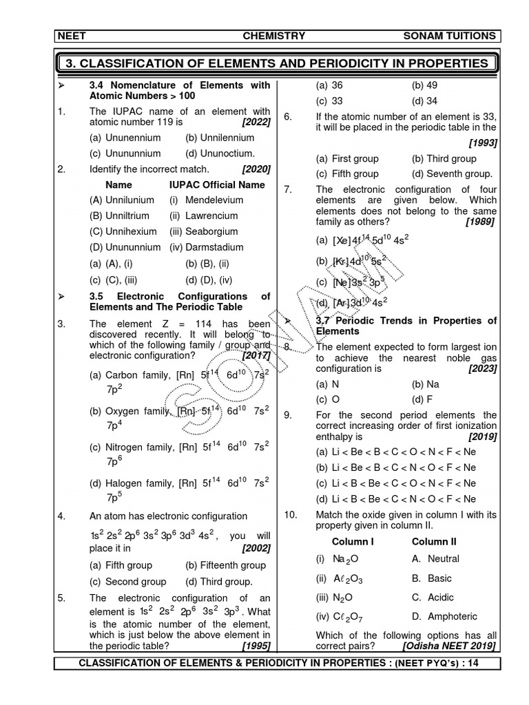 Classification of Elements and Periodicity in Properties NEET PYQ SOLUTION | PDF