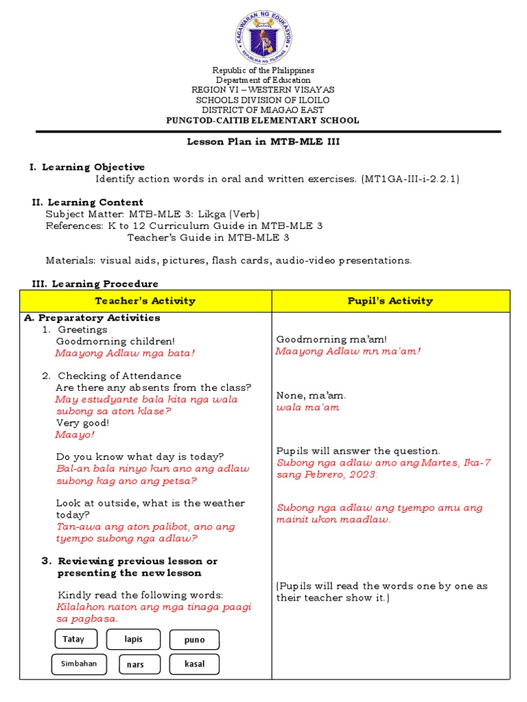 Detailed Lesson Plan in MTB MLE 3 | PDF | Cognitive Science