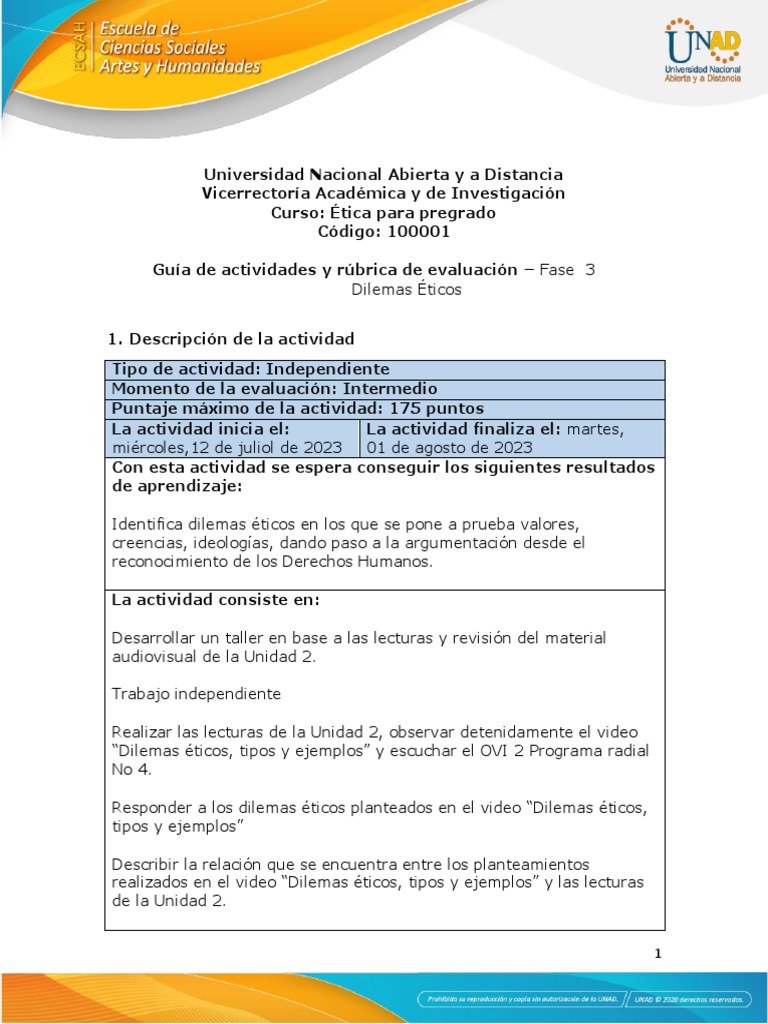 Guía de Actividades y Rúbrica de Evaluación - Unidad 2 - Fase 3 - Dilemas Éticos | PDF