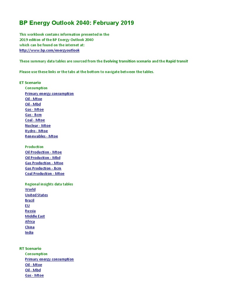 BP Energy Outlook 2019 Summary Tables | PDF