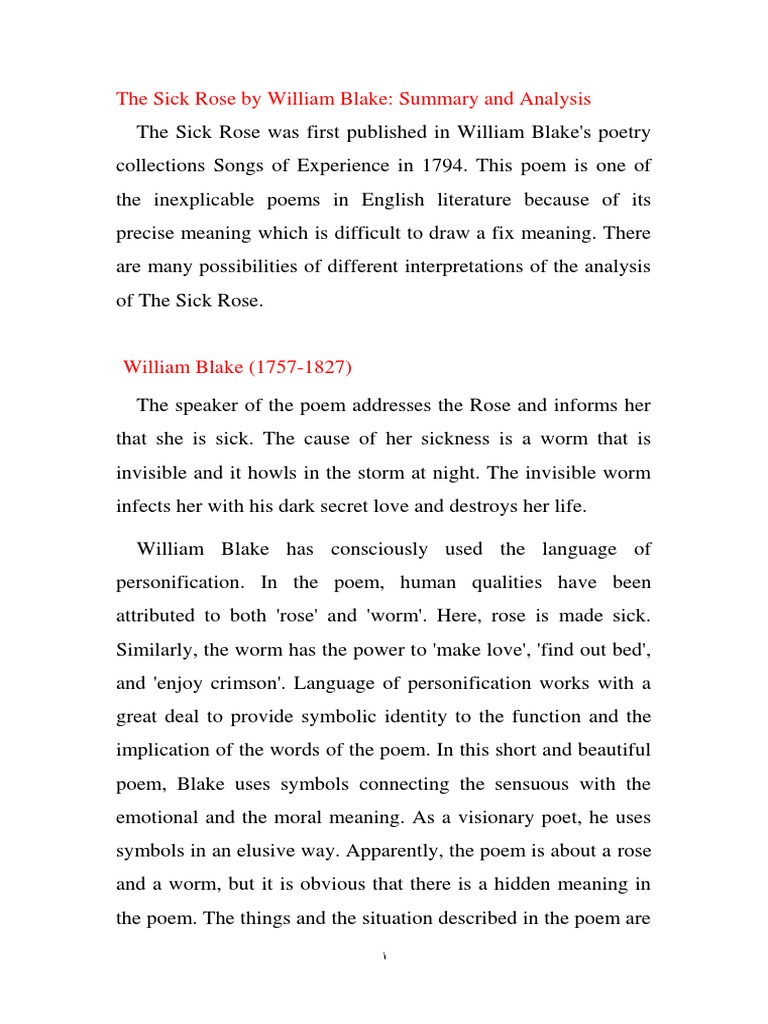 The Sick Rose | Download Free PDF | Poetry | William Blake