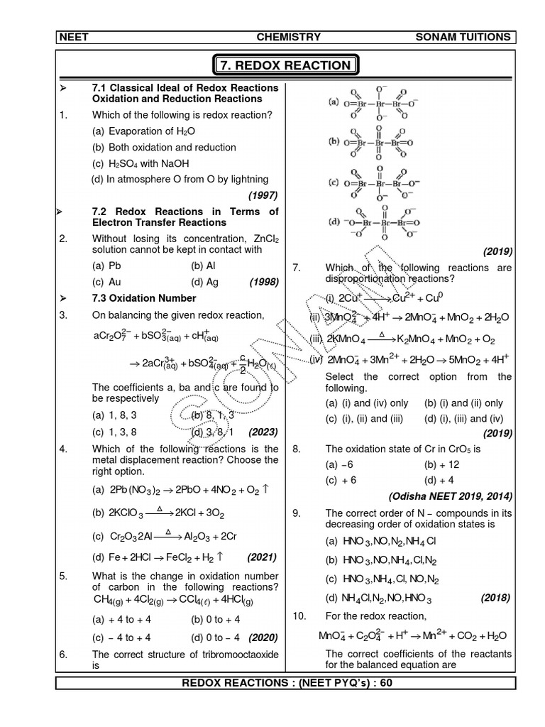 Redox Reactions NEET PYQ SOLUTION | PDF Redox Reactions NEET PYQ SOLUTION | PDF