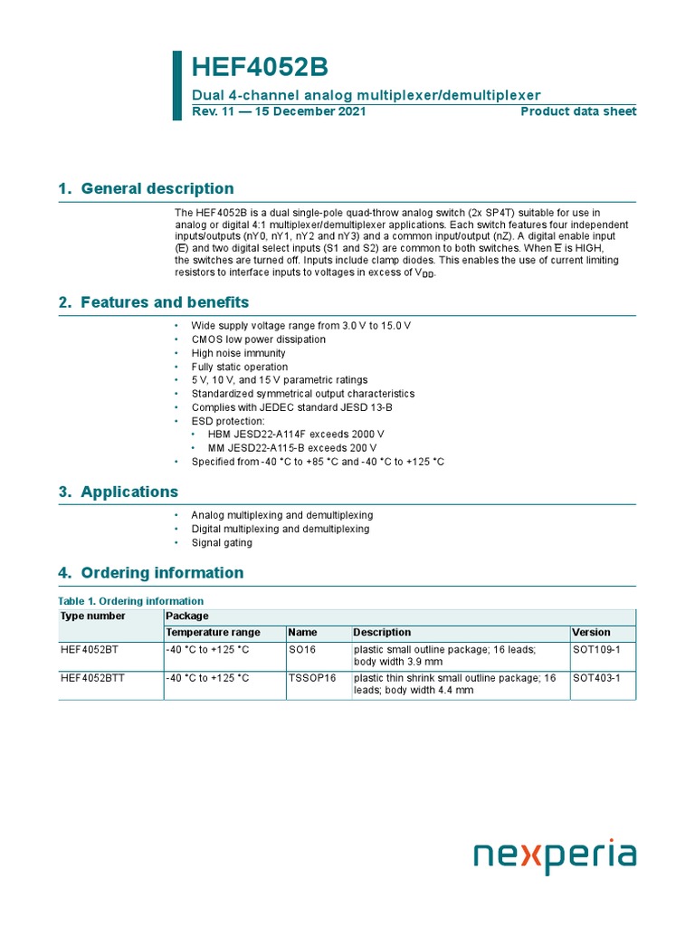 HEF4052B | PDF | Analogue Electronics | Cmos