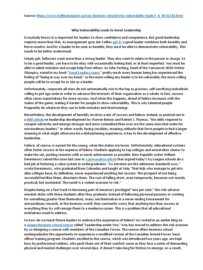 Vulnerability's Role in Leadership Success | PDF