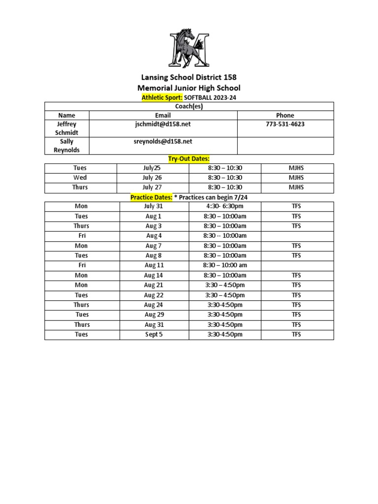 Mjhs 2023-24 Softball Practice Schedule | PDF