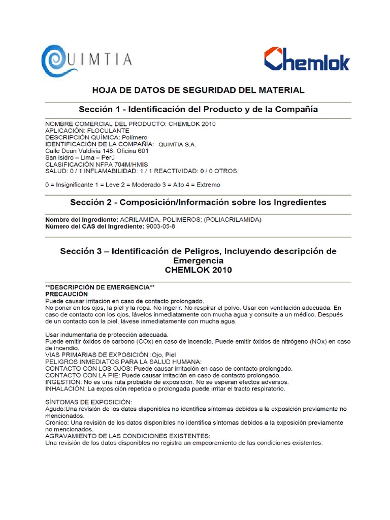 HDS Chemlok 2010 - Quimtia | PDF