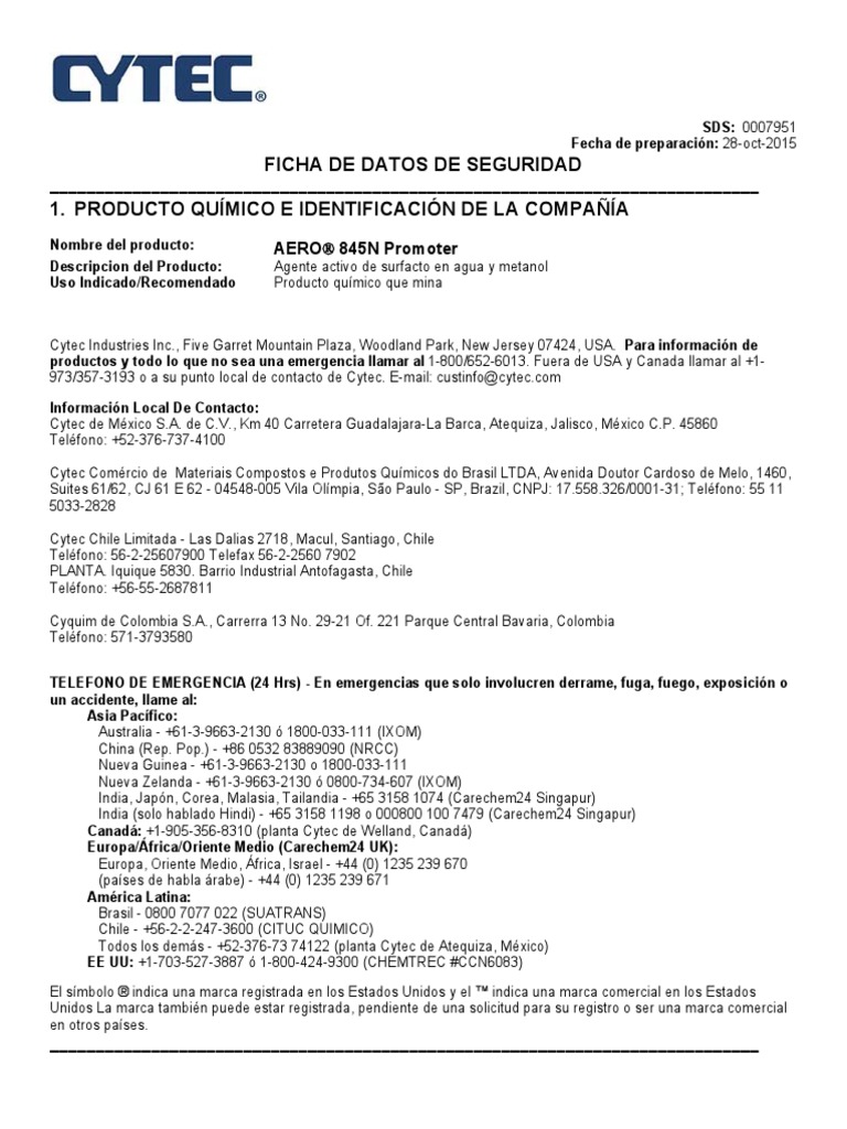 1. HDS AERO PROMOTER 845 - CYTEC | PDF | Agua | Etanol