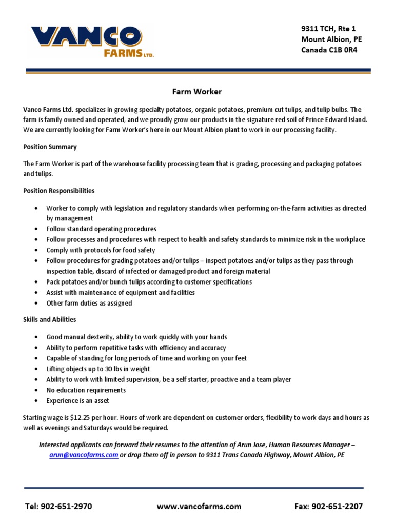 Farm Worker Job Description at Vanco Farms | PDF