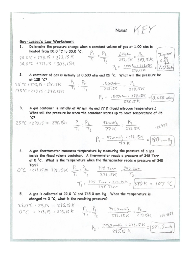Gay-Lussac's Law Worksheet Key | PDF