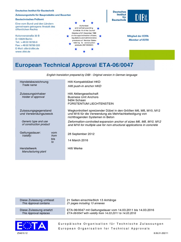 European Technical Approval ETA-06/0047: Hilti Push-In Anchor HKD | PDF