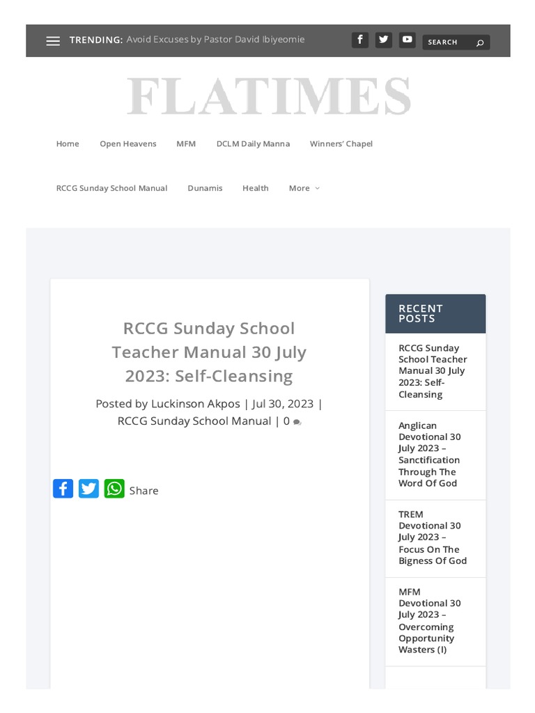 RCCGSundaySchoolTeacherManual30July2023Self-Cleansing FLATIMES 1690690896151 | PDF | Jesus | Prayer