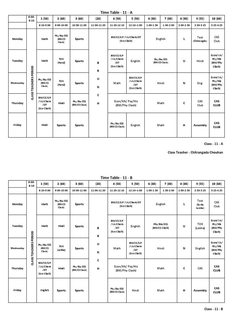 Class 11 Timetable Overview | PDF