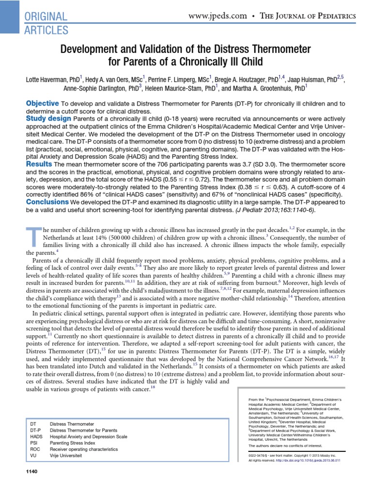 Development and Validation of The Distress Thermometer For Parents of A Chronically Ill Child ...