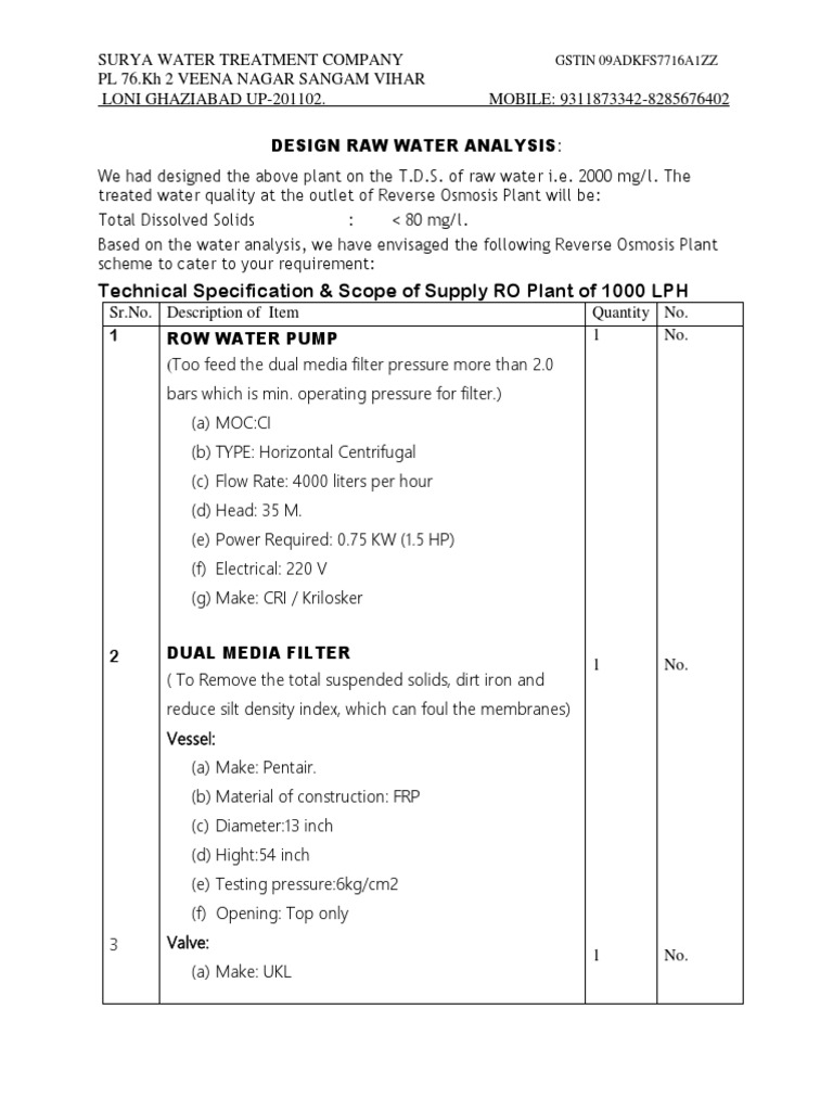 1000 LPH Water Purifier Plant | PDF | Environmental Issues | Water And ...