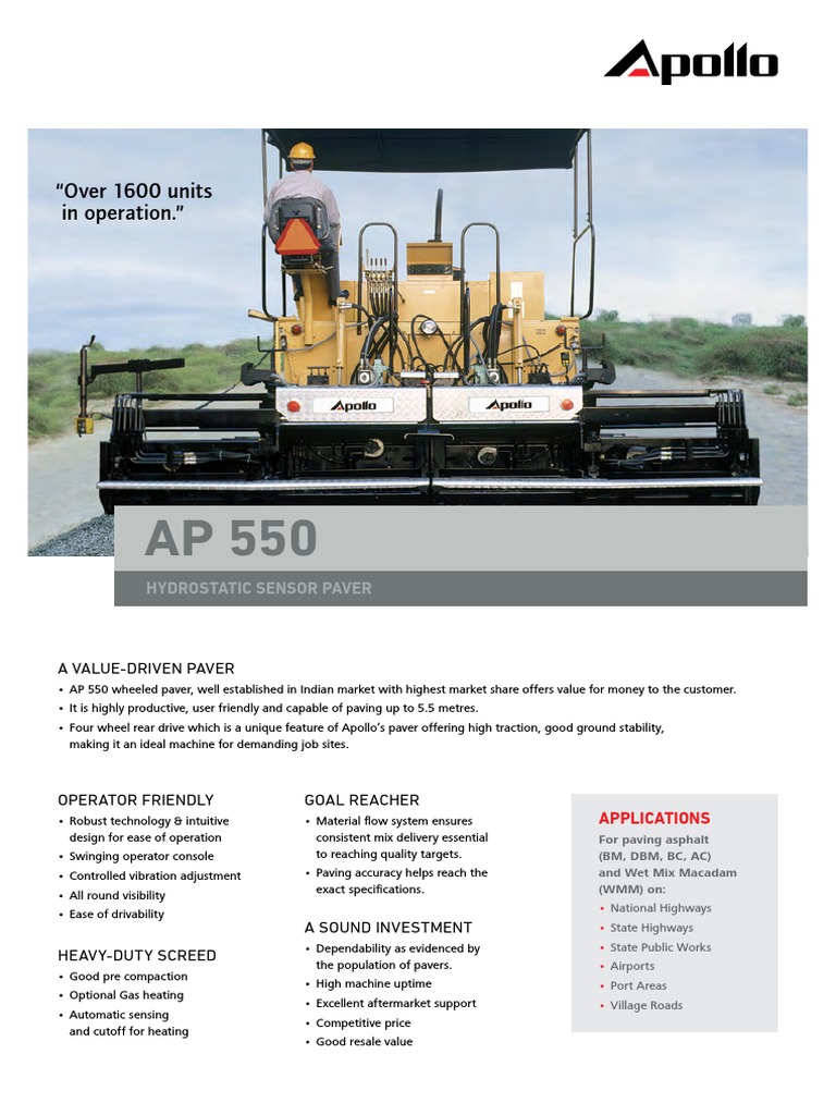 AP 550 Apollo Asphalt Paver Sell Sheet MSS-1172-01-En-1 | PDF | Engines ...