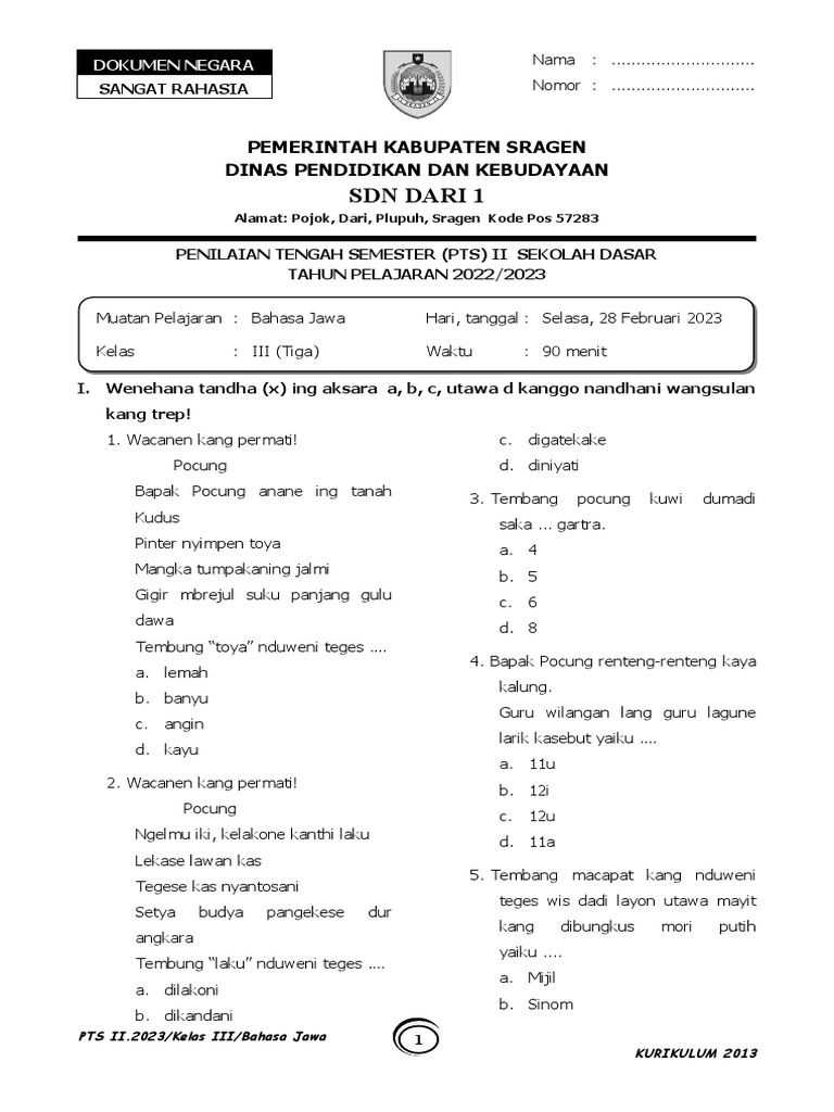 Soal Pts Bahasa Jawa Kelas 3 | PDF Soal Pts Bahasa Jawa Kelas 3 | PDF