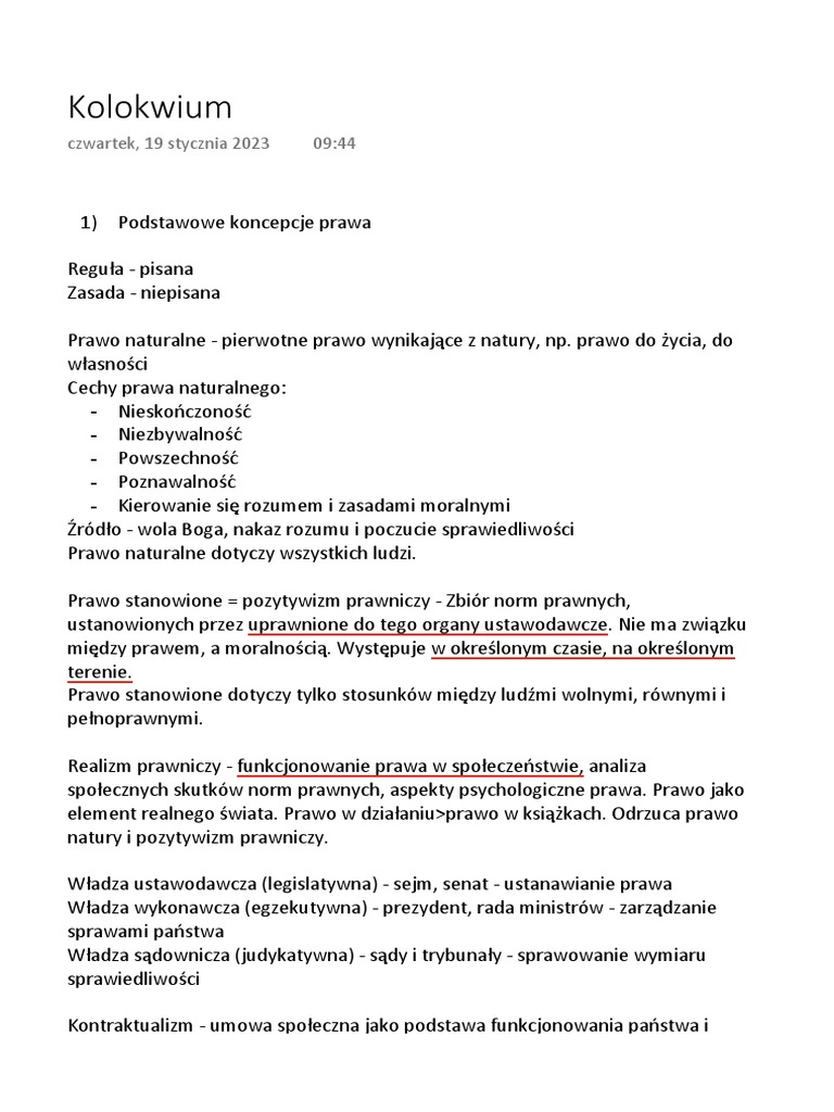 Kolokwium-1 Podstawowe Koncepcje Prawa | PDF
