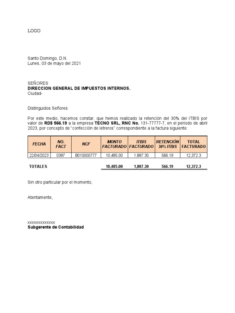 Retención ITBIS a TECNO SRL - Abril 2023 | PDF | Finanzas y dinero
