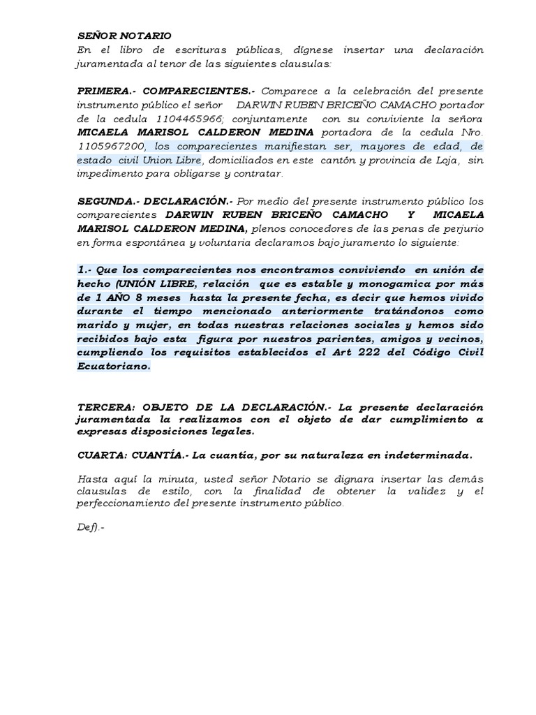 Declaración Juramentada para Unión de Hecho 2 | PDF