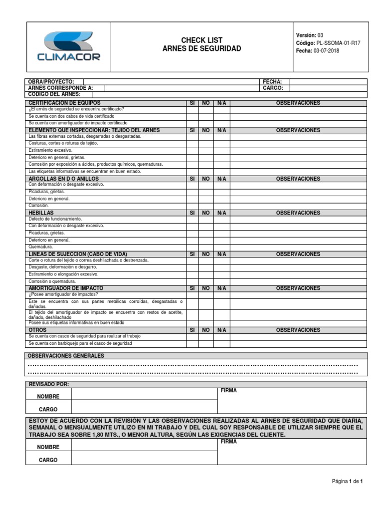 PL-SSOMA-01-R17 Check List Arnes de Seguridad | PDF | Materiales | Química PL-SSOMA-01-R17 Check List Arnes de Seguridad | PDF | Materiales | Química
