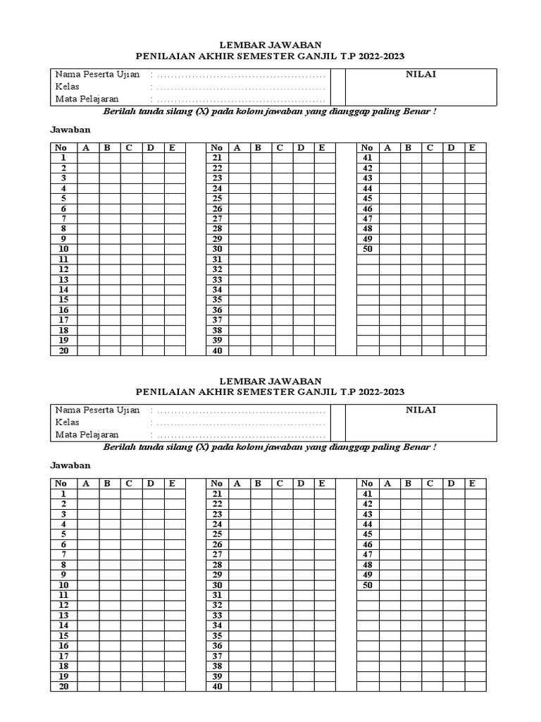 LJK Pas Kelas Xi Dan Xii | PDF
