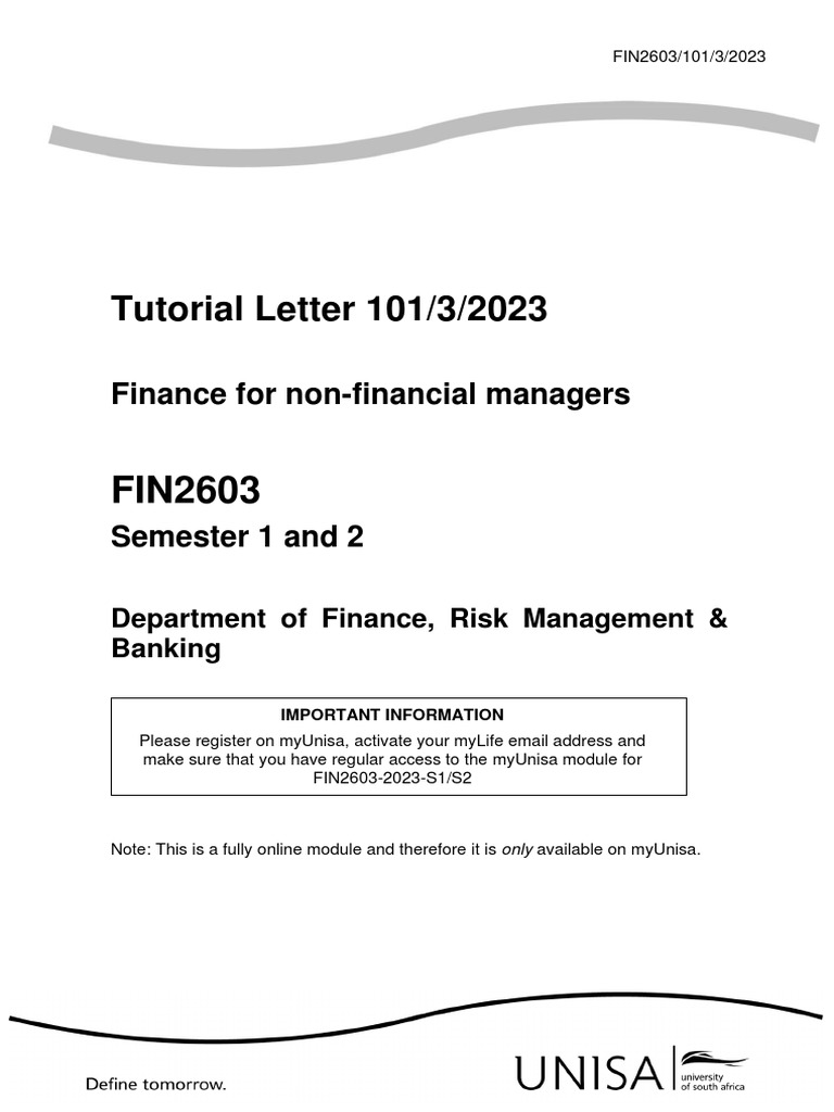 Tutorial Letter 101/3/2023: Finance For Non-Financial Managers | PDF