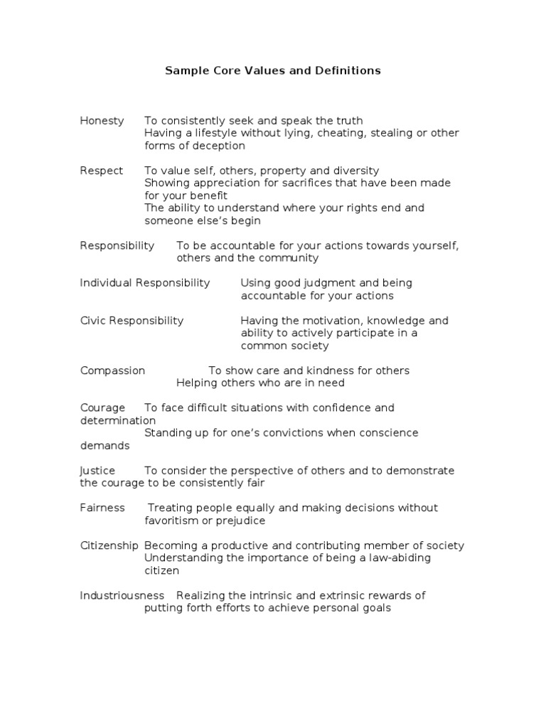 WINNS Example Core Values Definitions Example | PDF