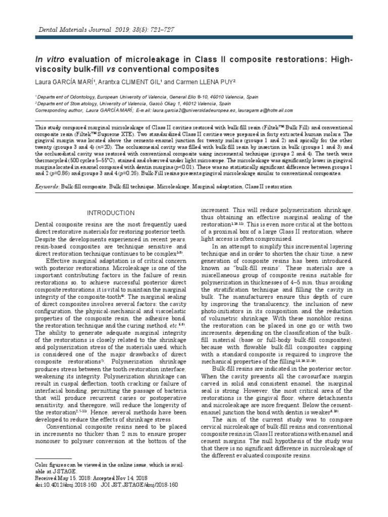 In Vitro Evaluation Of Microleakage In Class Ll Composite Restorations High Viscosity Bulk