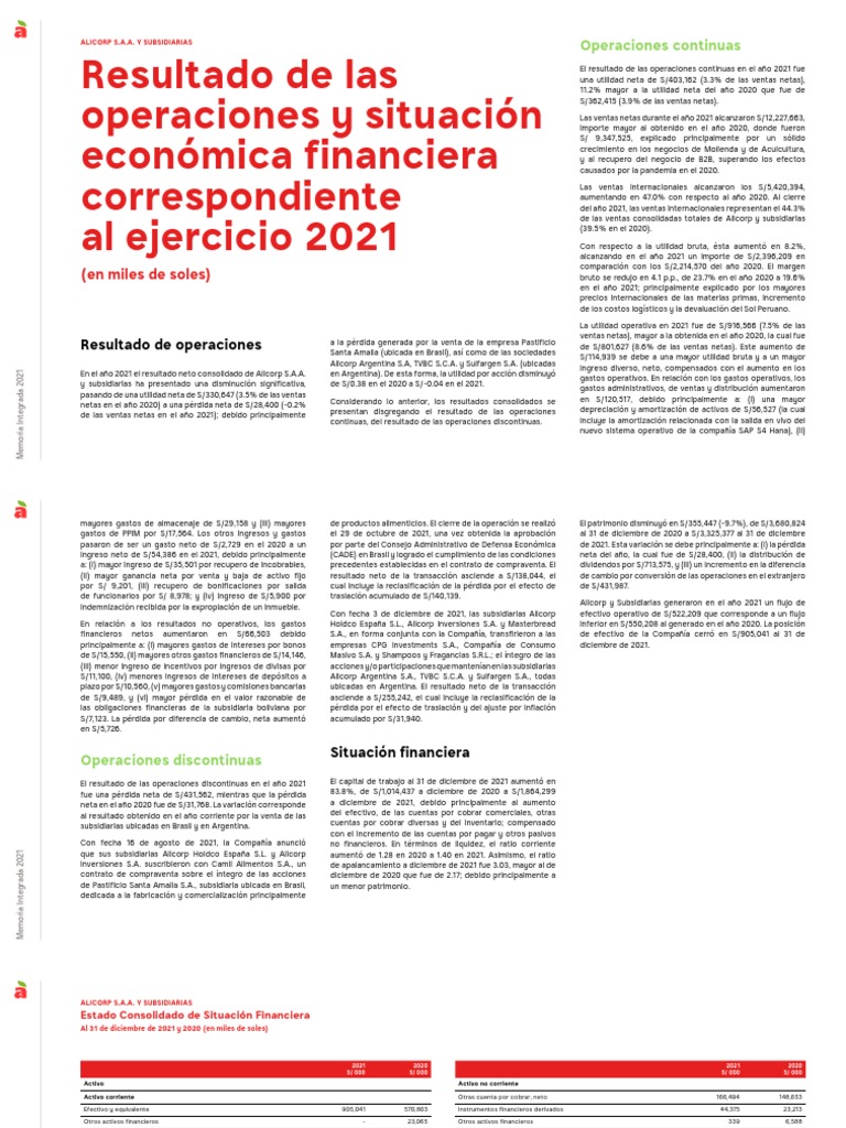 Alicorp Memoria Anual 2021 Eeff | PDF | Compartir (Finanzas) | Capital de trabajo