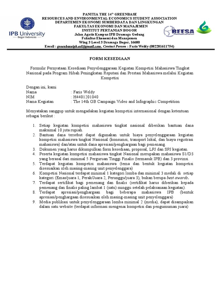 Surat Kesediaan Penyelenggara Kegiatan Pdf