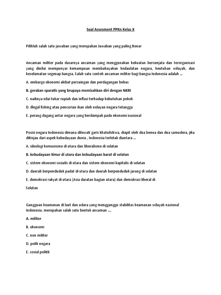 Soal Assesment PPKN Kelas X | PDF | Politik