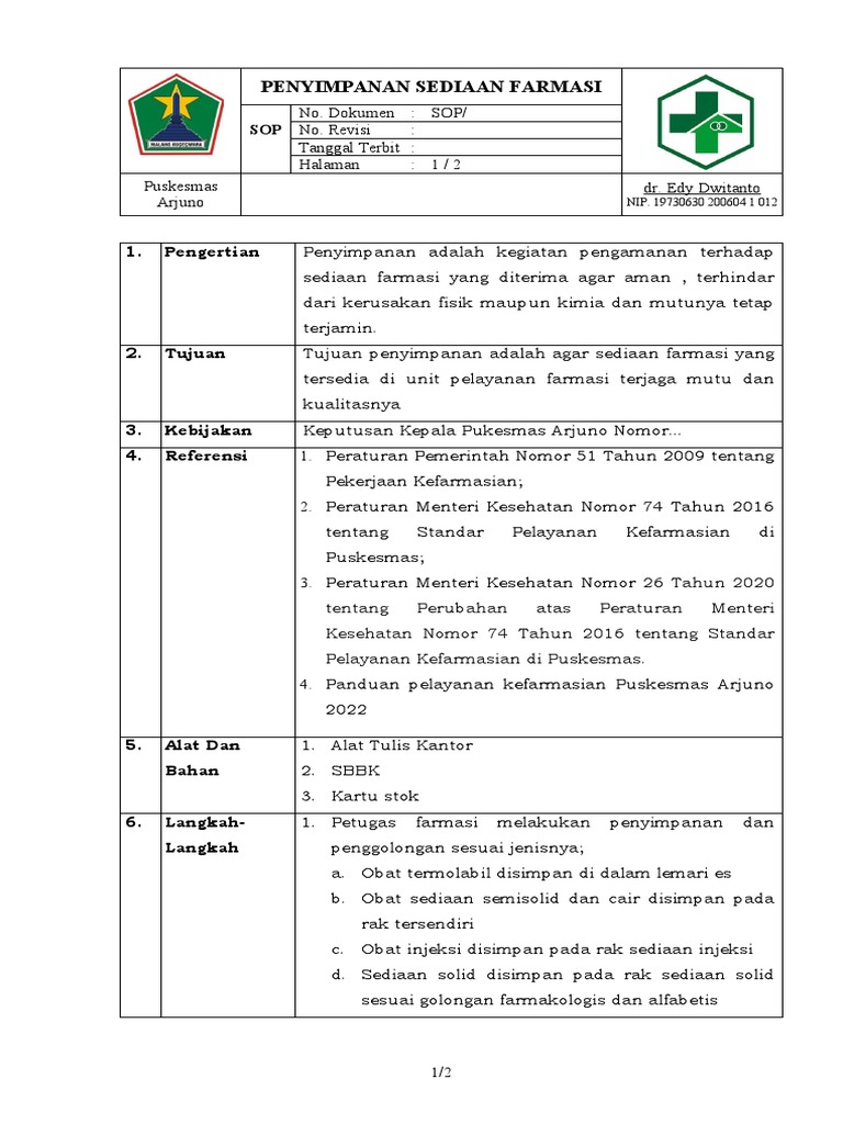 Sop Penyimpanan Sediaan Farmasi Pdf