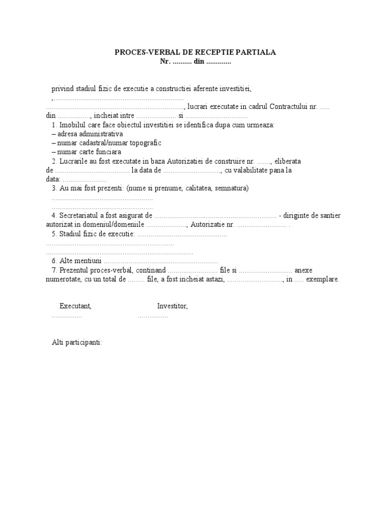 Proces Verbal de Receptie Partiala | PDF