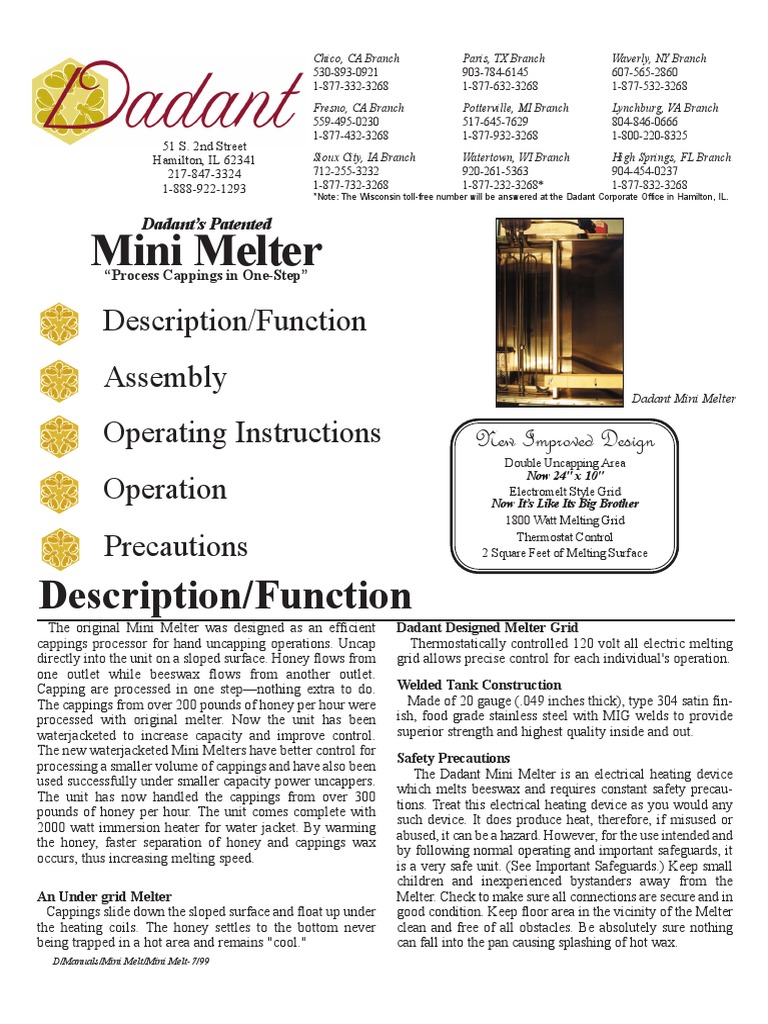 Dadant Mini Melter Guide & Branch Contacts | PDF | Honey | Water
