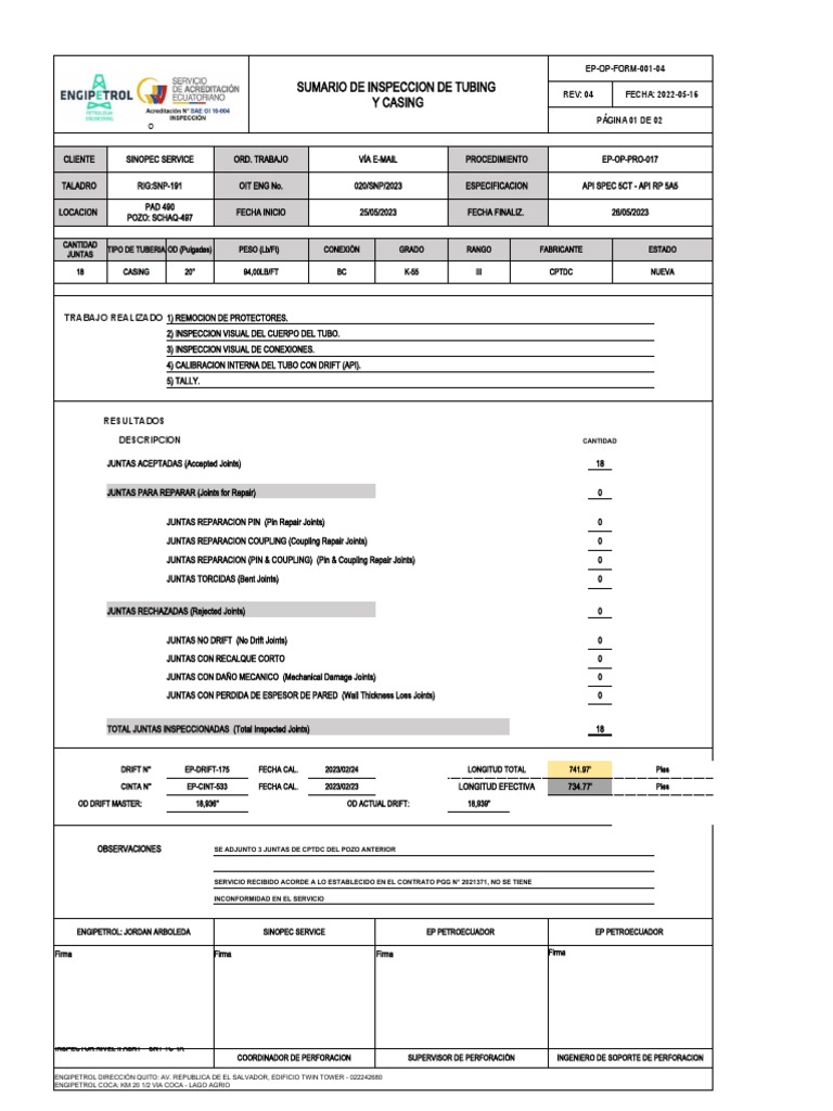 020-Snp-2023 Sumario y Tally Casing 20'' | PDF